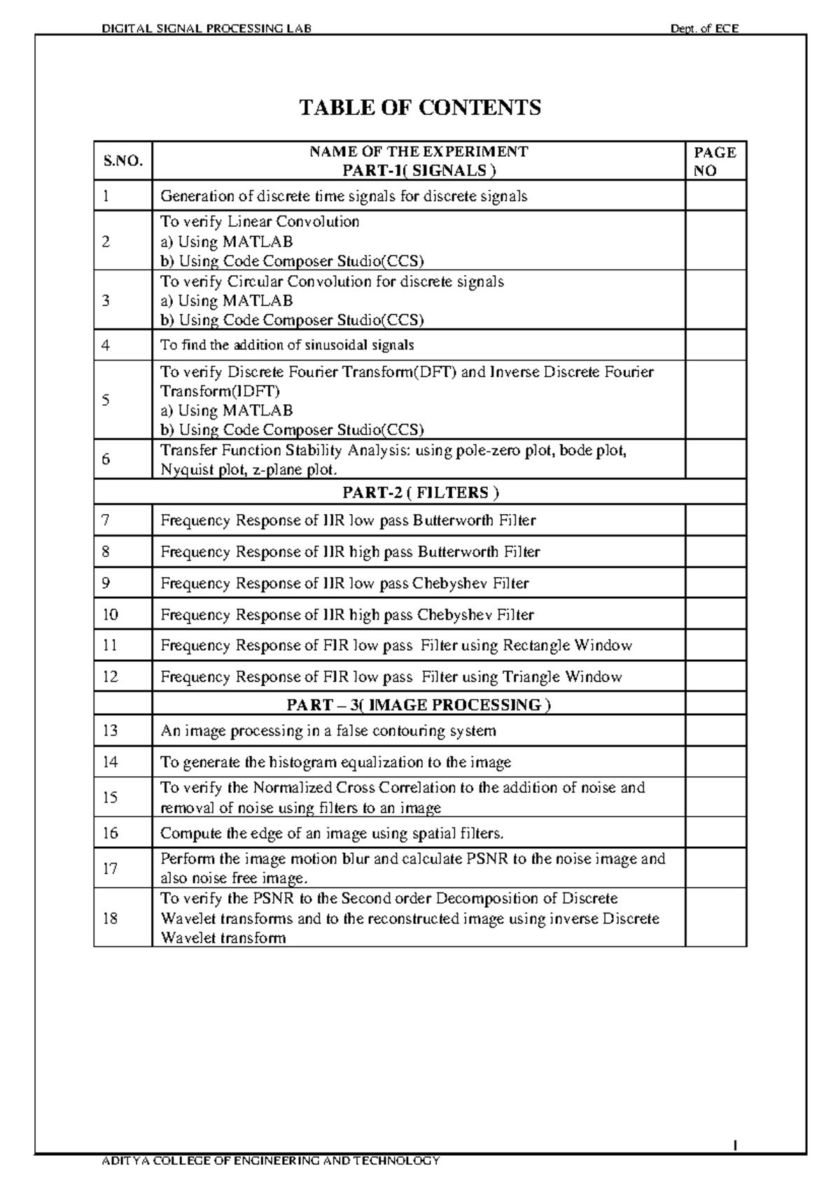 Dsp lab Manual updated - Copy1 - 1 TABLE OF CONTENTS S. NAME OF THE ...