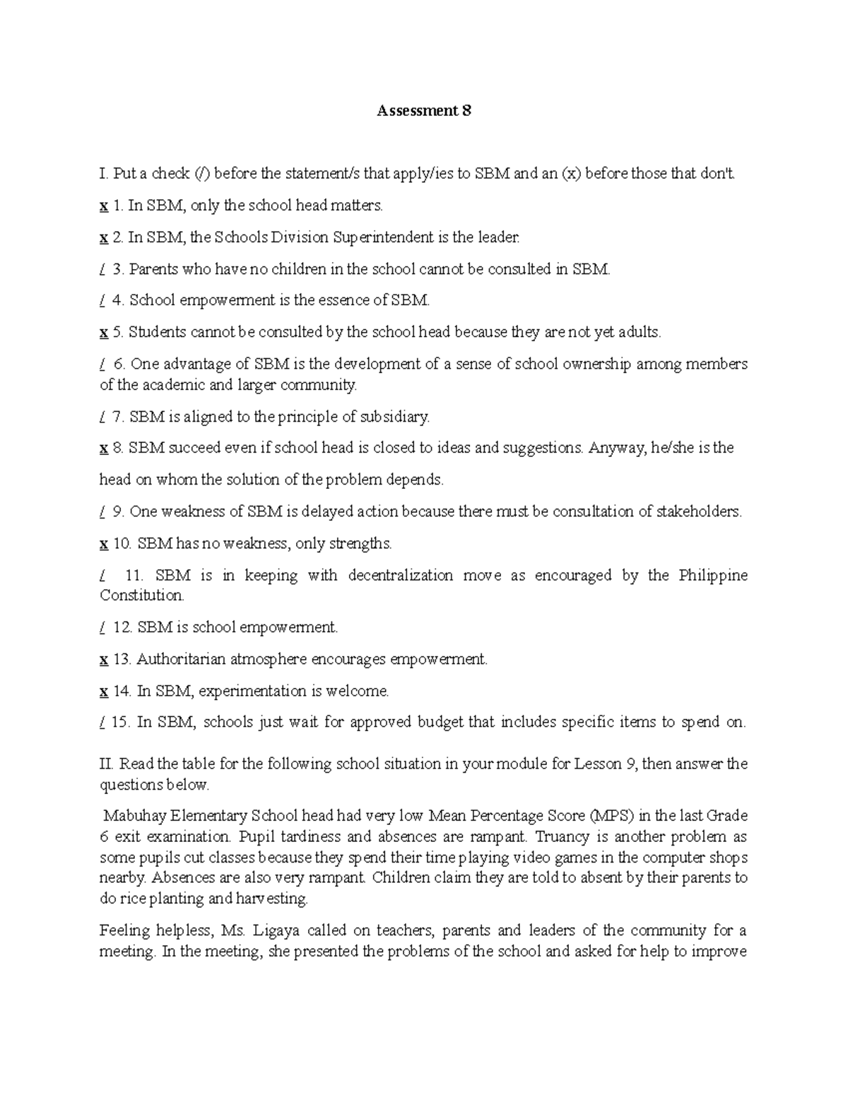 Assessment 9 - To help students - Assessment 8 I. Put a check ...