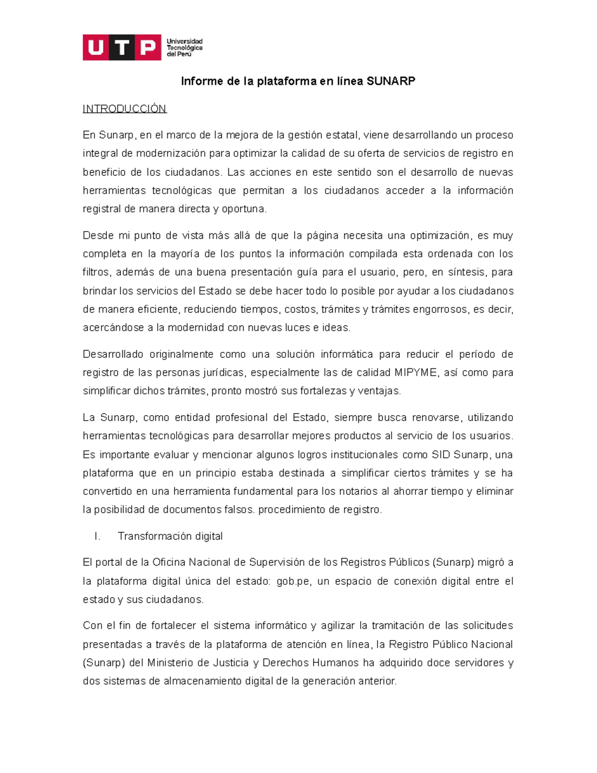 Tarea 1 - Informe de la plataforma en línea de Sunarp xd - Informe de la plataforma en línea ...
