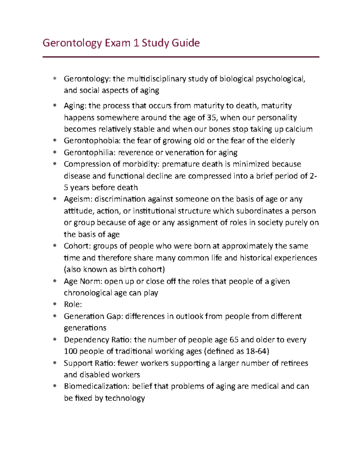 Gerontology Exam 1 Study Guide - Gerontology Exam 1 Study Guide ...
