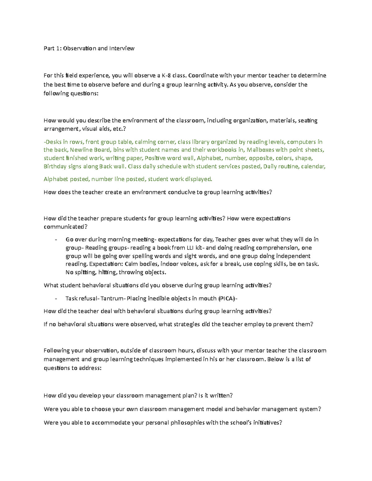 Observation Notes 1B - Part 1: Observation and Interview For this field ...