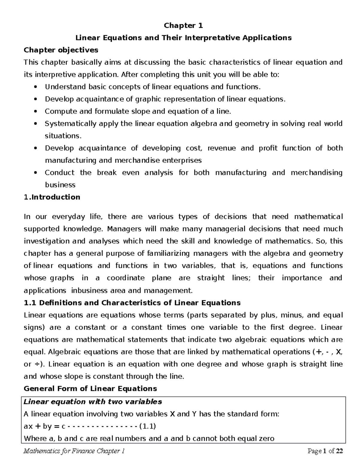 Maths for Fin Chapter 1 - Linear Equations and Their Interpretative ...