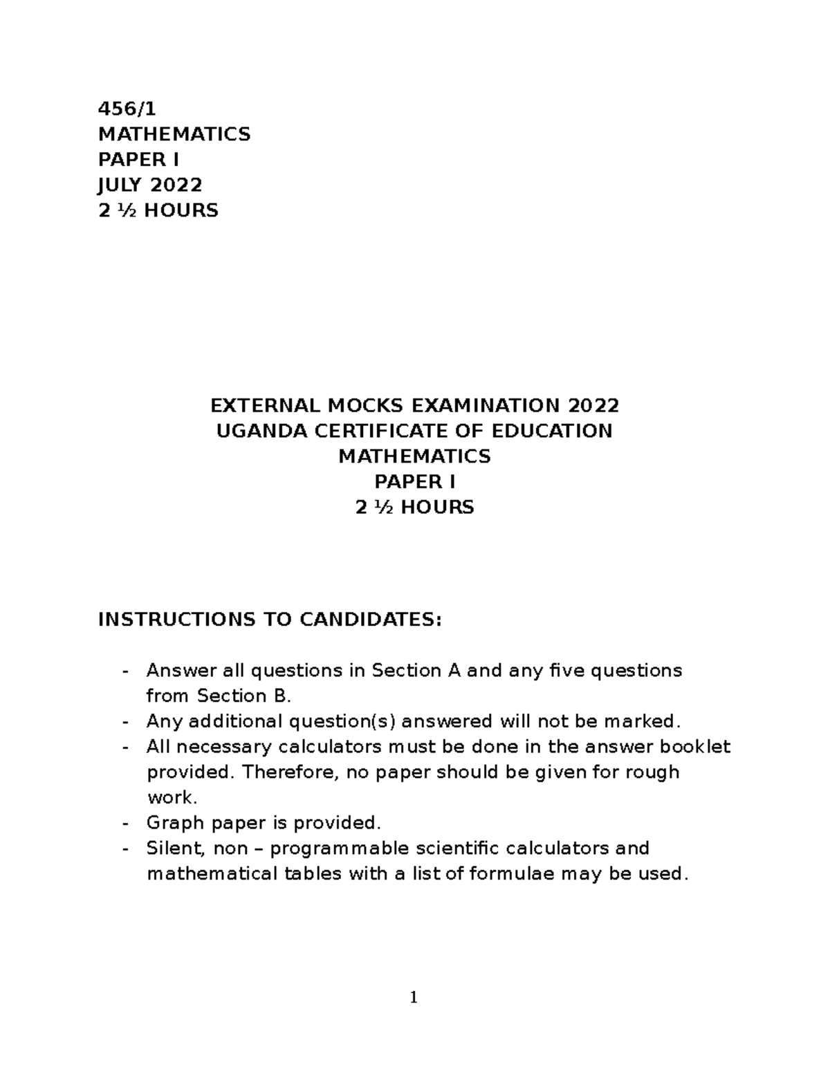 MTC P.1 2022 - MATHEMATICS REVISION PAPER - 456/ MATHEMATICS PAPER I ...
