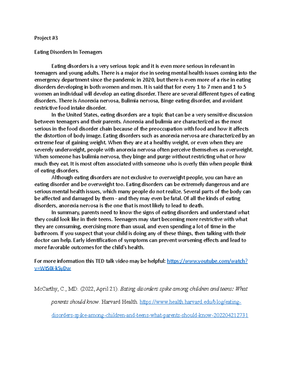 Project #3 - Project # Eating Disorders In Teenagers Eating disorders ...