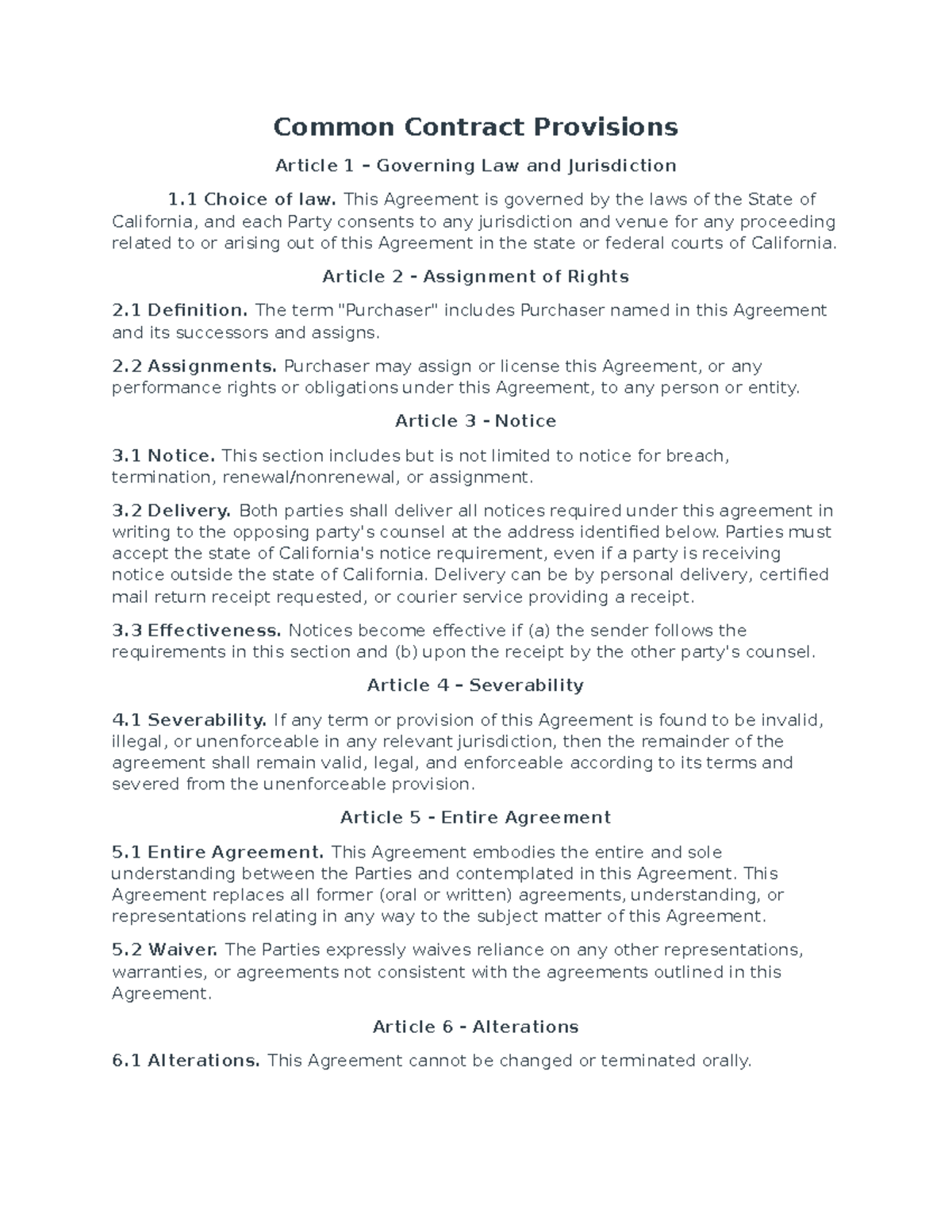 Drafting business docs Common Contract Provisions [assignment] - Common ...