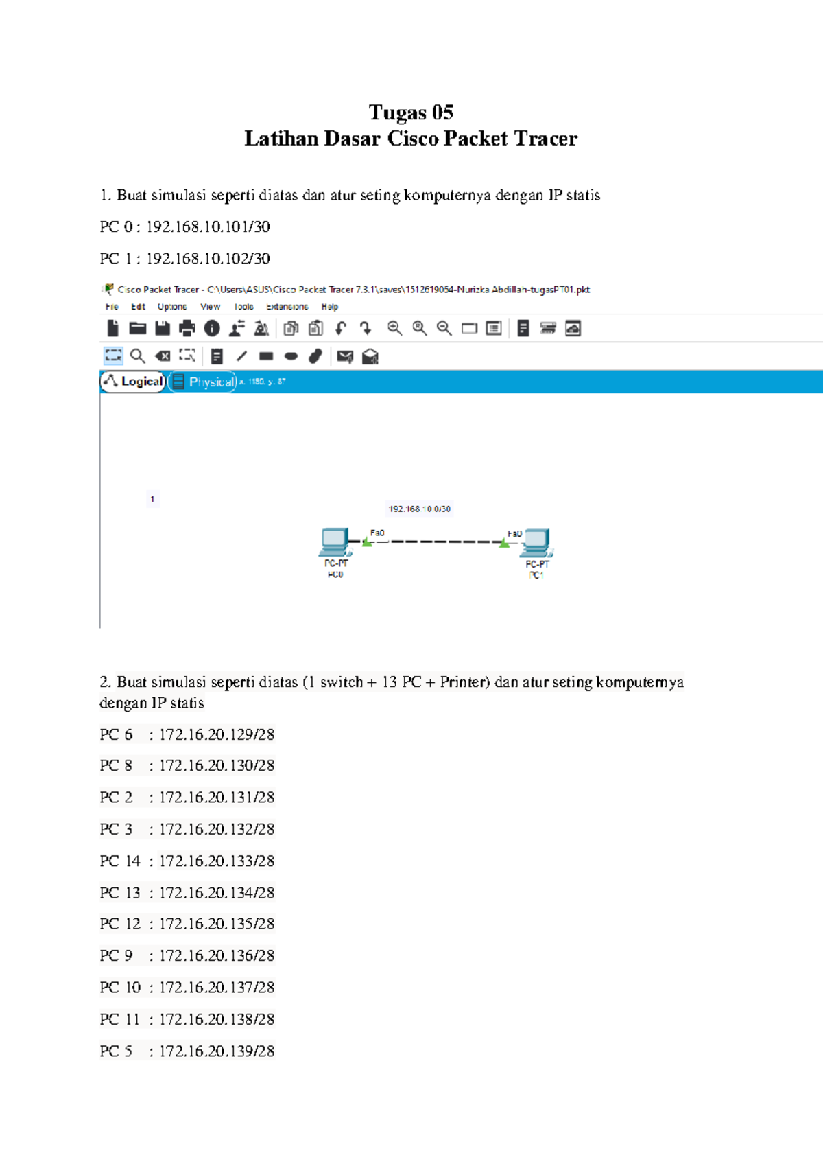 Tugas 05 CPT - Latihan Dasar Cisco Packet Tracer Buat simulasi seperti diatas (1 switch + 13 PC ...