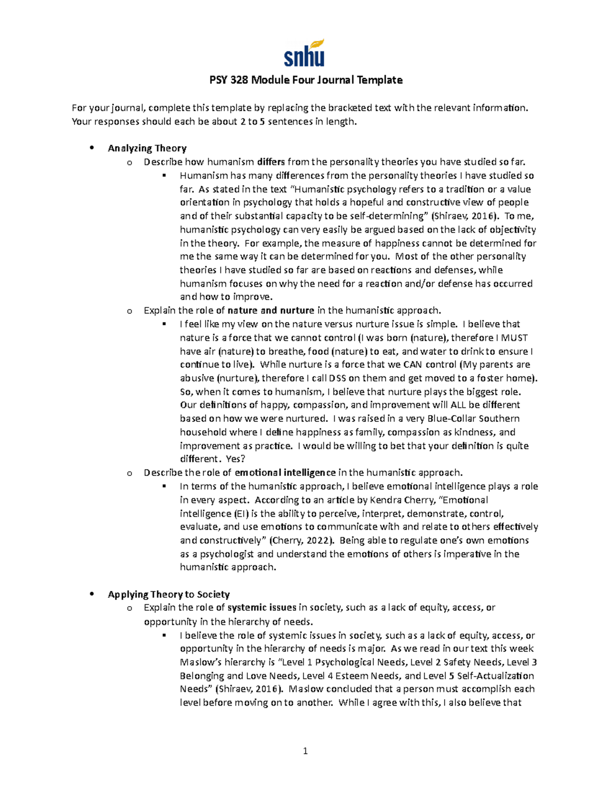 PSY 328 Module Four Journal Template - PSY 328 Module Four Journal ...