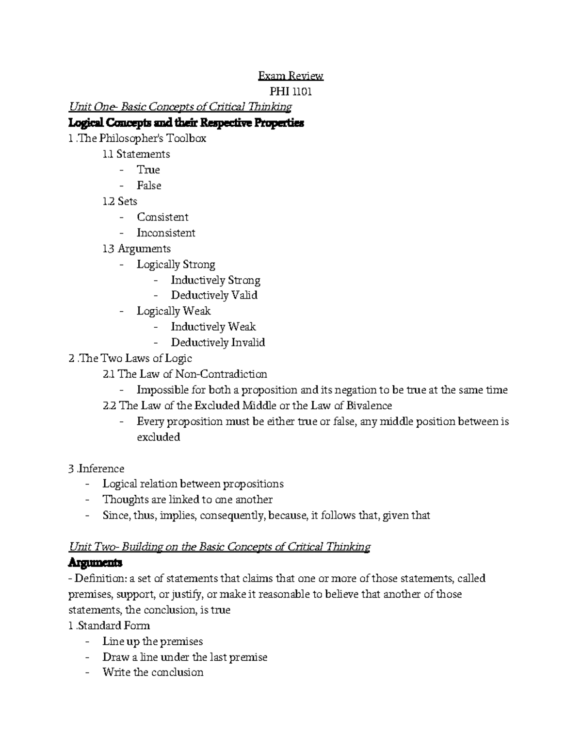 Exam Notes PHI 1101 - Exam Review PHI 1101 Unit One- Basic Concepts of ...