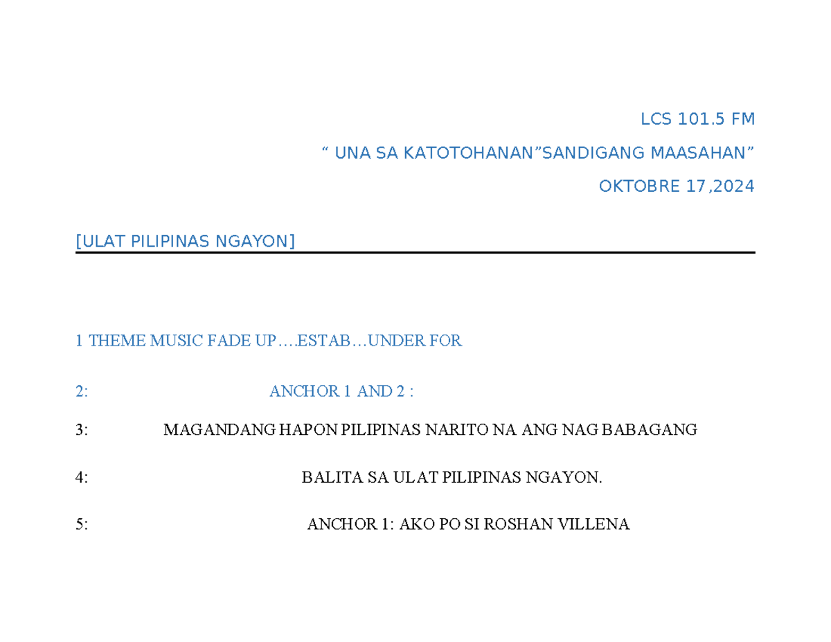 Radio Script Tagalog - LCS 101 FM “ UNA SA KATOTOHANAN”SANDIGANG ...