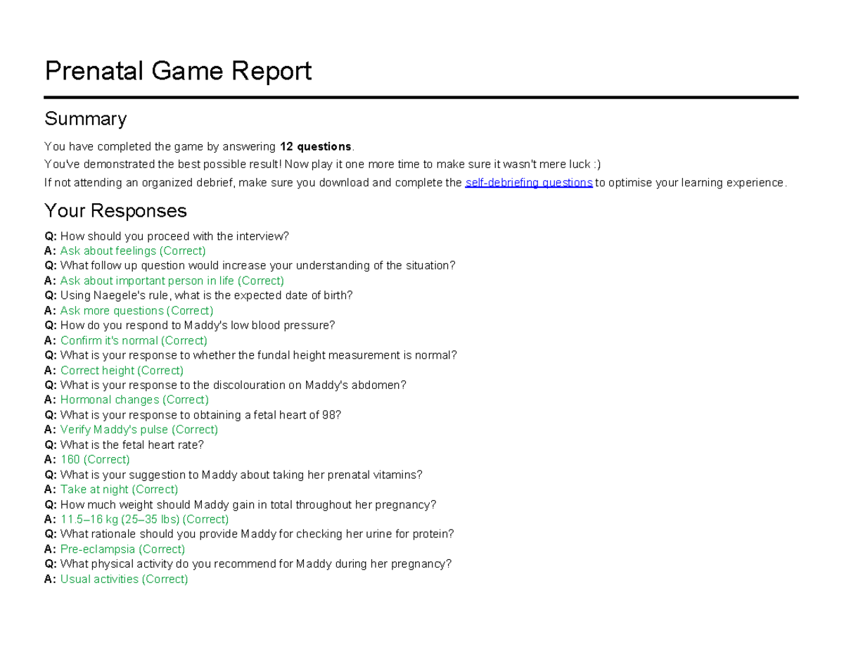 Prenatal game report - Prenatal Game Report Summary You have completed ...