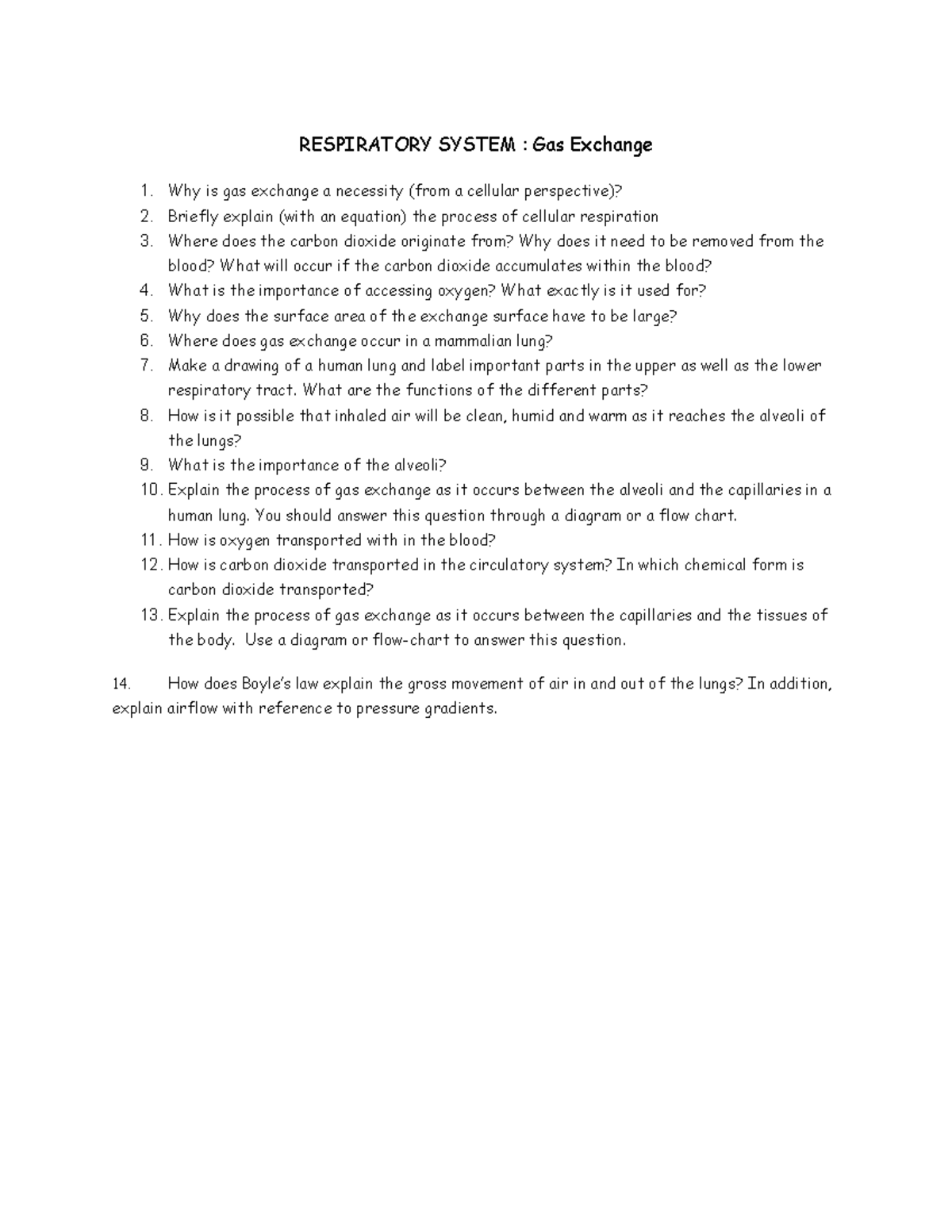 Copy of Gas Exchange Questions - RESPIRATORY SYSTEM : Gas Exchange 1 ...