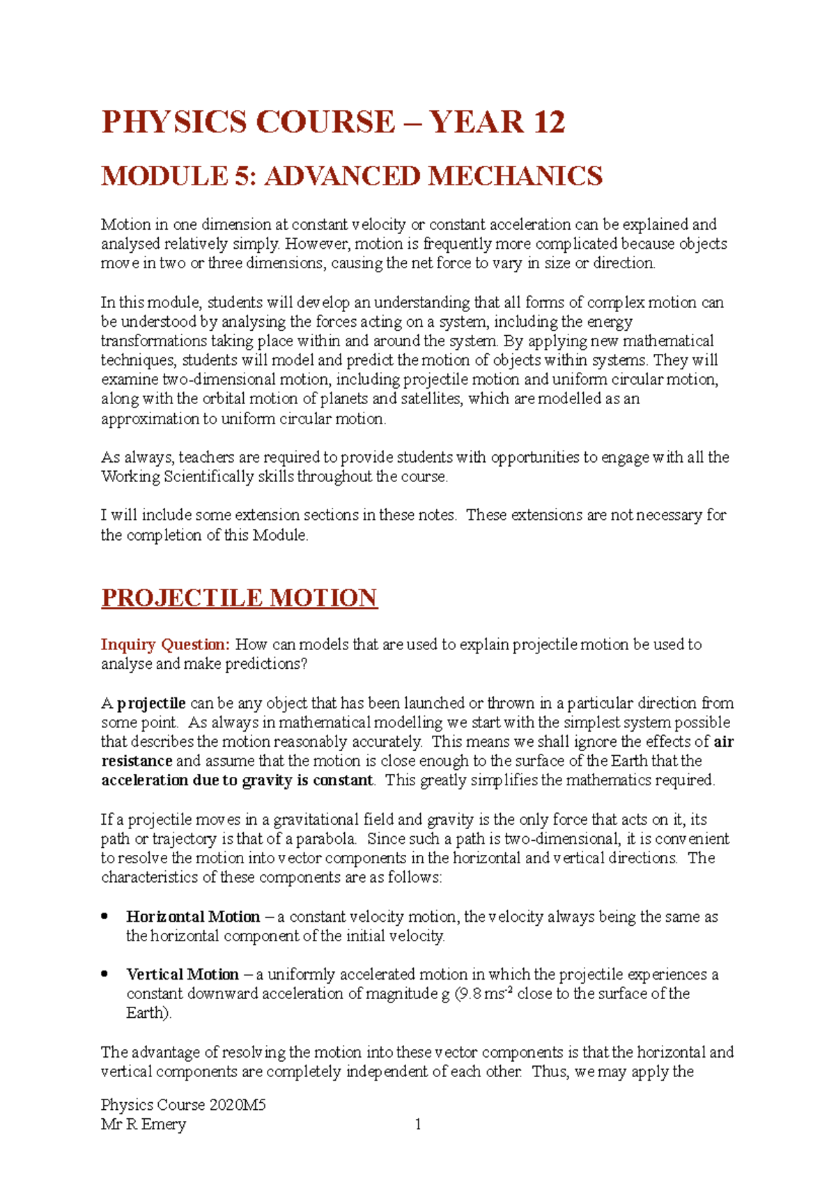 Module 5 Advanced Mechanics - PHYSICS COURSE – YEAR 12 MODULE 5 ...
