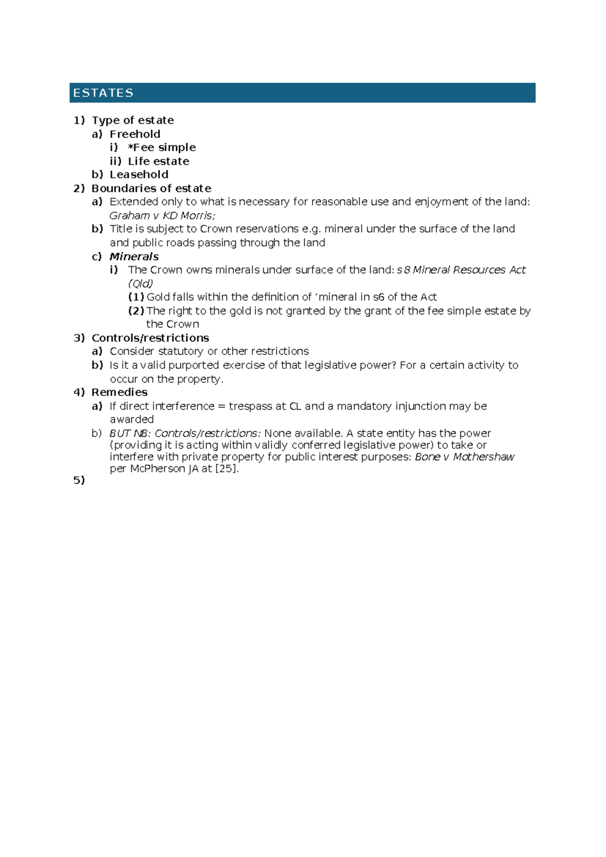 LLB301 Answer Templates - ESTATES Type of estate a) Freehold i) *Fee ...