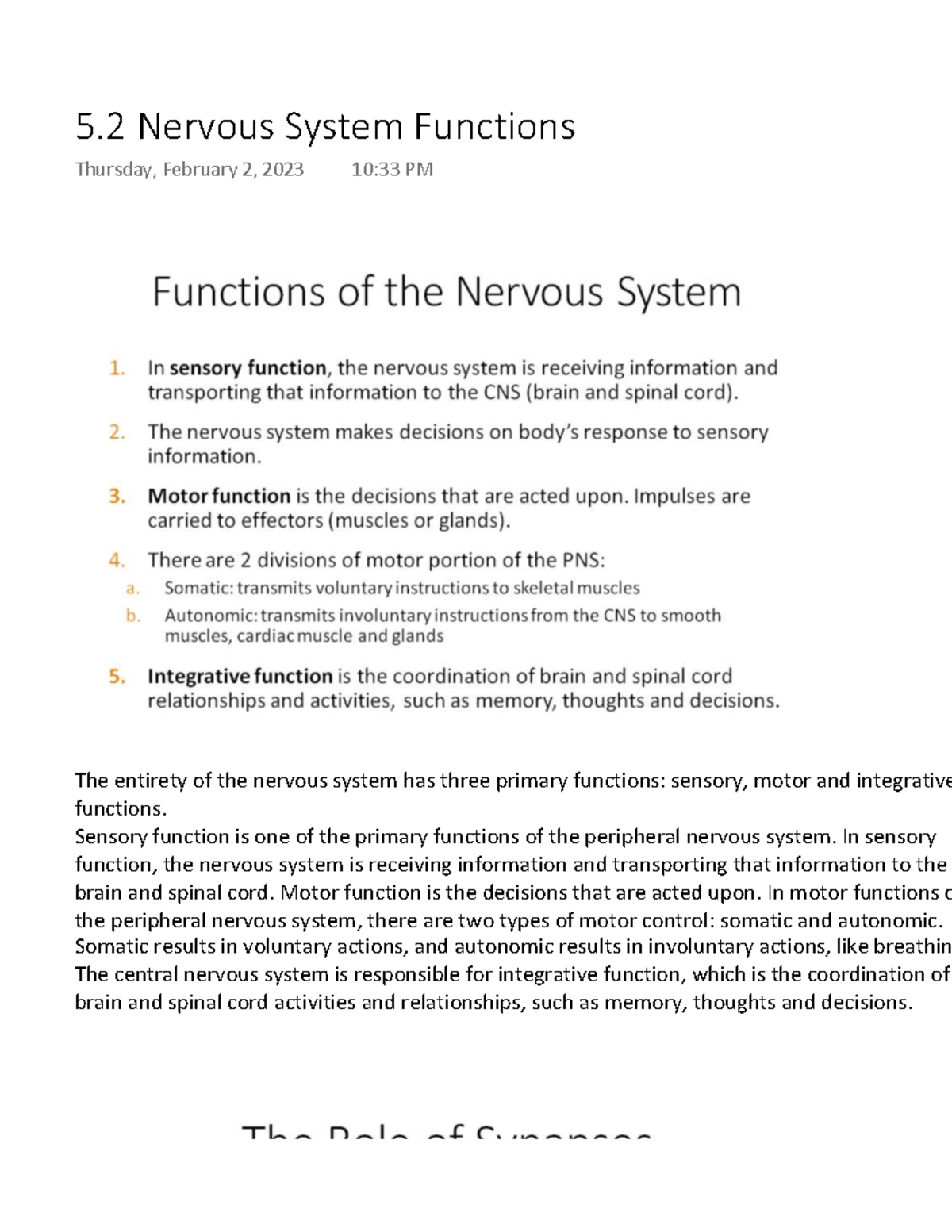 5.2 Nervous System Functions - The entirety of the nervous system has ...
