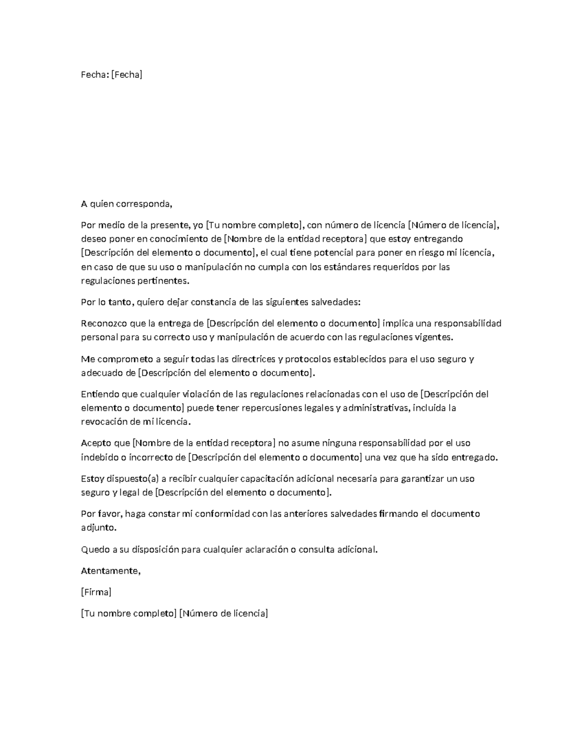 Salvedad - Fecha: [Fecha] A quien corresponda, Por medio de la presente ...