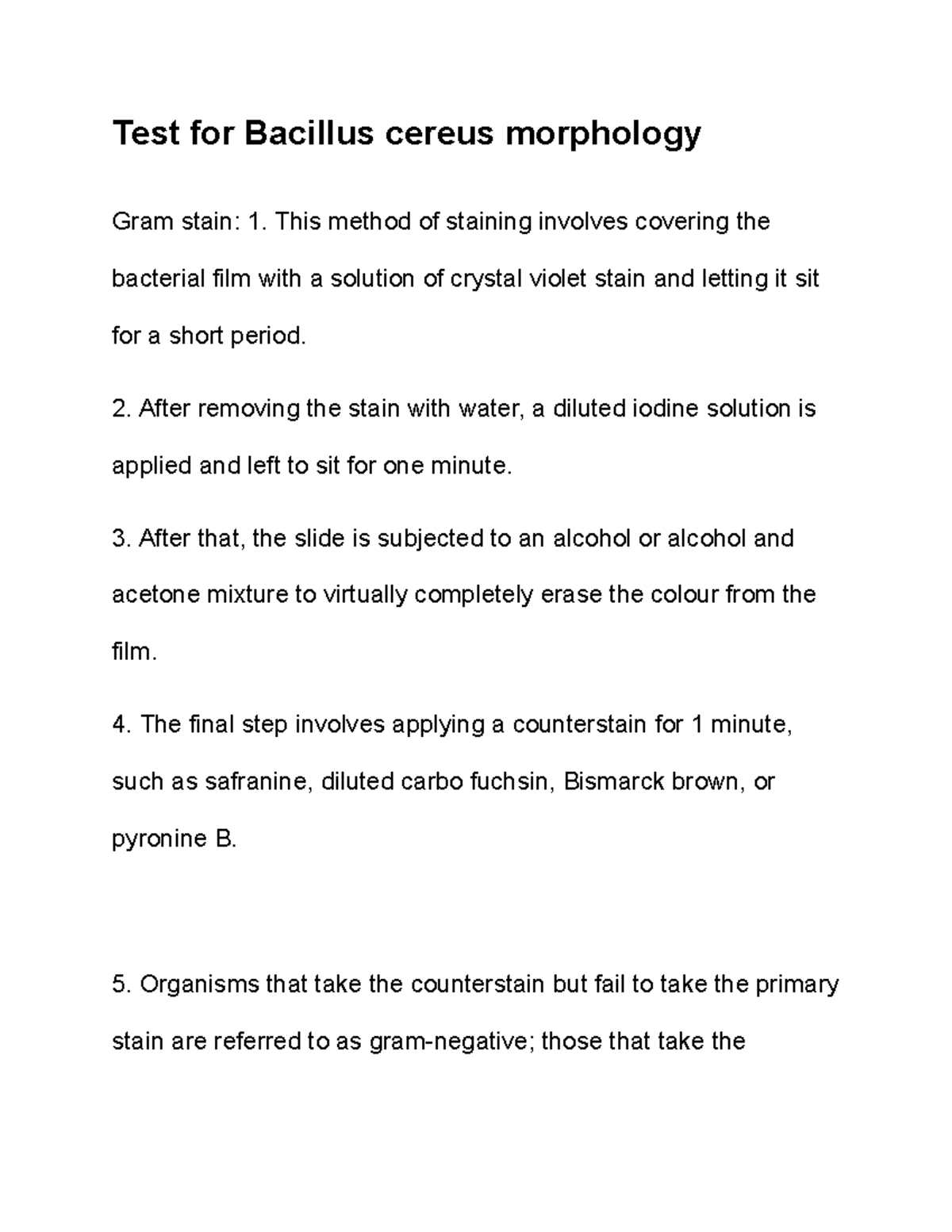 Test for Bacillus cereus morphology - This method of staining involves ...