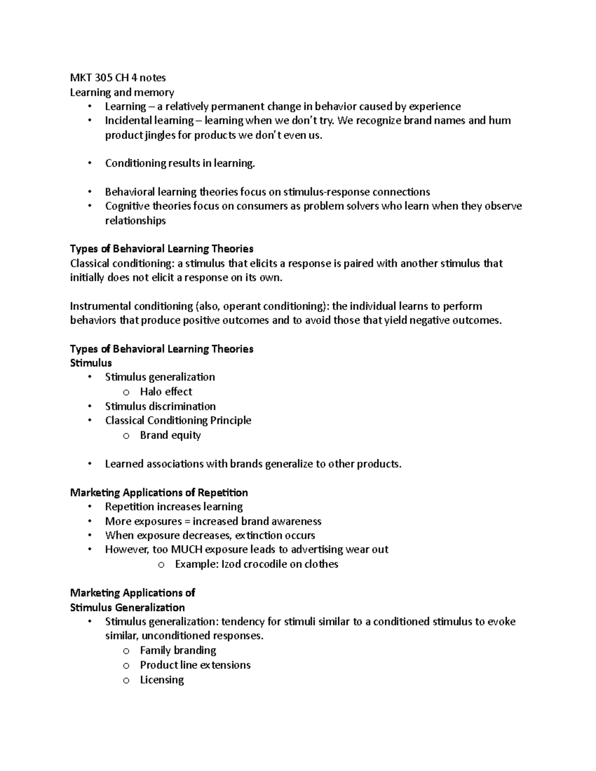 MKT 305 CH 4 notes - MKT 305 CH 4 notes Learning and memory • Learning ...