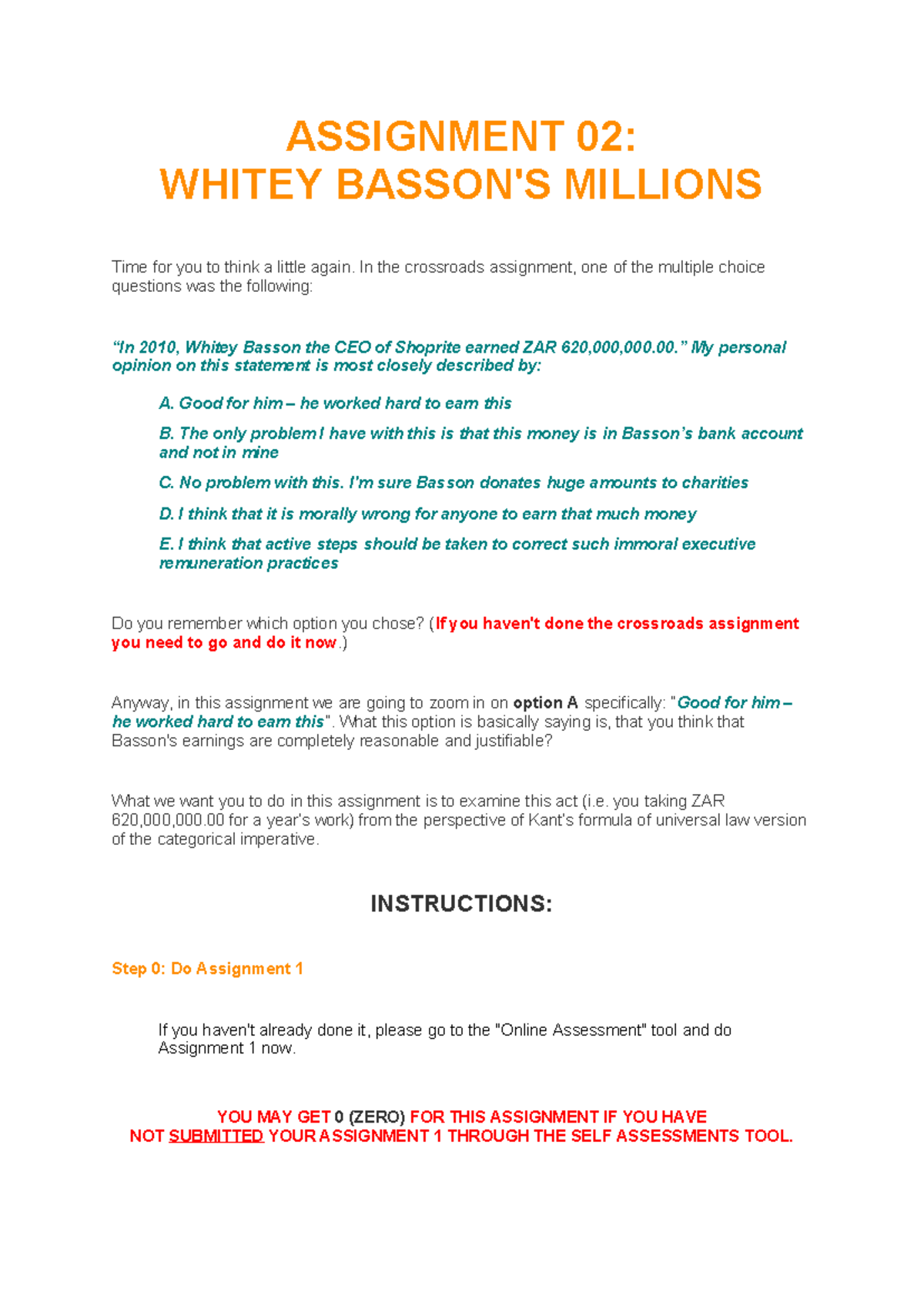 Assignment 02 - ASSIGNMENT 02: WHITEY BASSON'S MILLIONS Time for you to think a little again. In ...