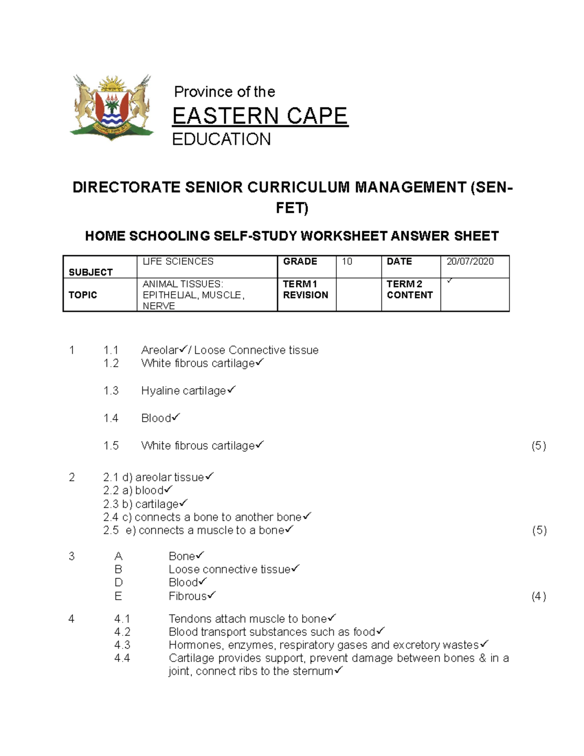 00 Life Sciences Grade 10 Worksheet Answer Connective Tissues ...