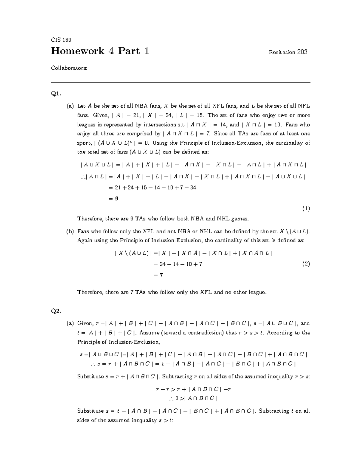 Homework 4 Part 1 Set Theory Cis 160 Homework 4 Part 1 Recitation 203 Collaborators Q1 A