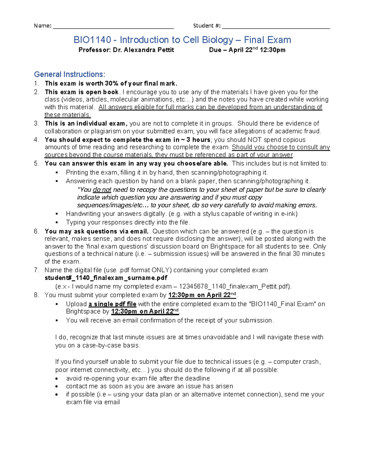 BIO1140 Final Exam W2021 uppppppppppp - BIO1140 - Introduction to Cell ...