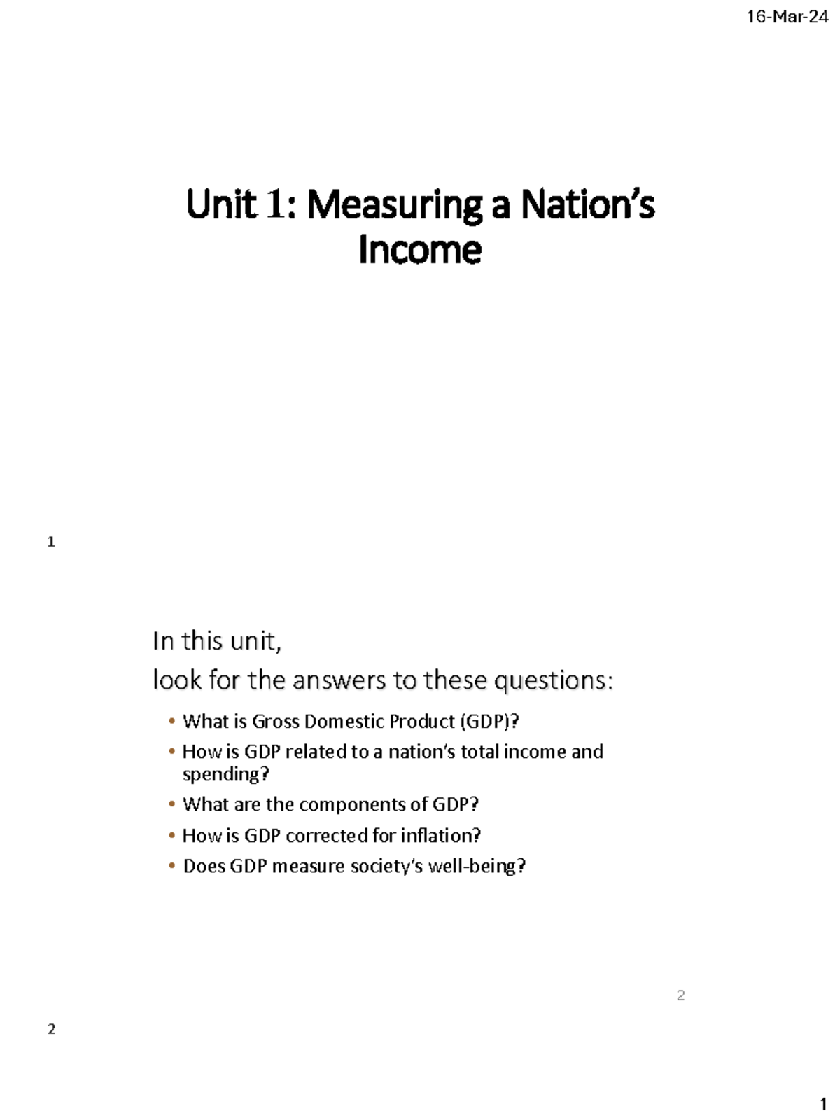 Unit 1-Ch23- Measuring a Nations Income - Unit 1 : Measuring a Nation’s ...