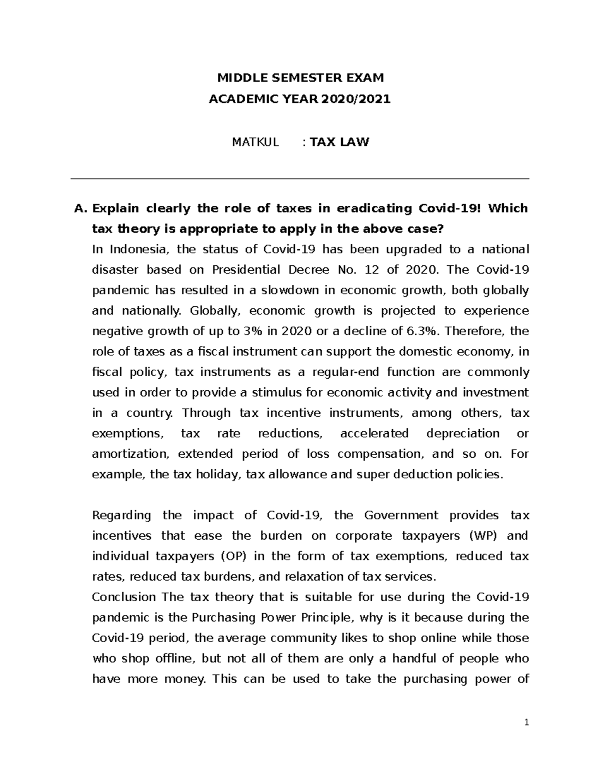 Tax Law - Class A - Midterm Exam - MIDDLE SEMESTER EXAM ACADEMIC YEAR ...