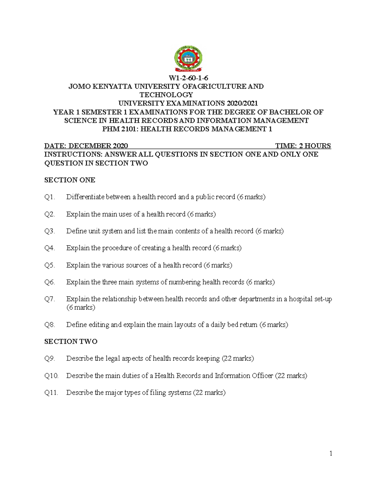 PHM 2101 Health Records Management 1 - W1-2-60-1- JOMO KENYATTA ...