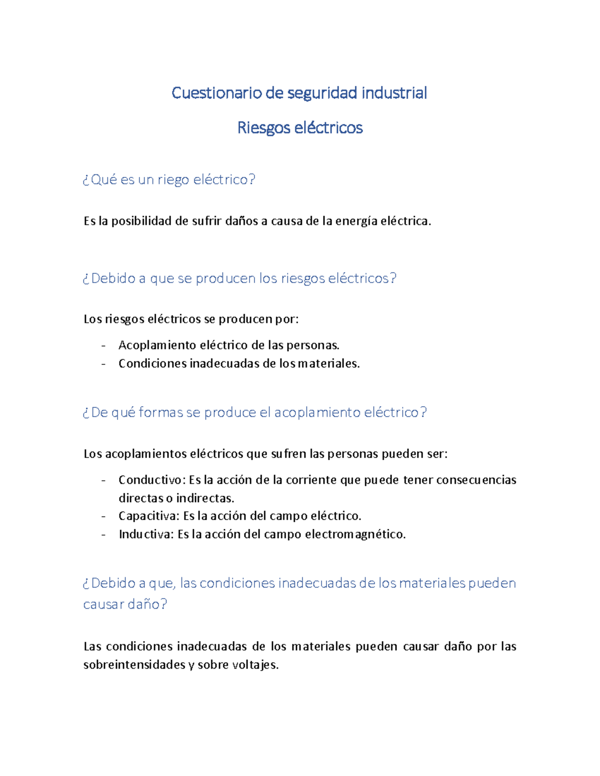 Cuestionario Riesgos electricos - Cuestionario de seguridad industrial ...