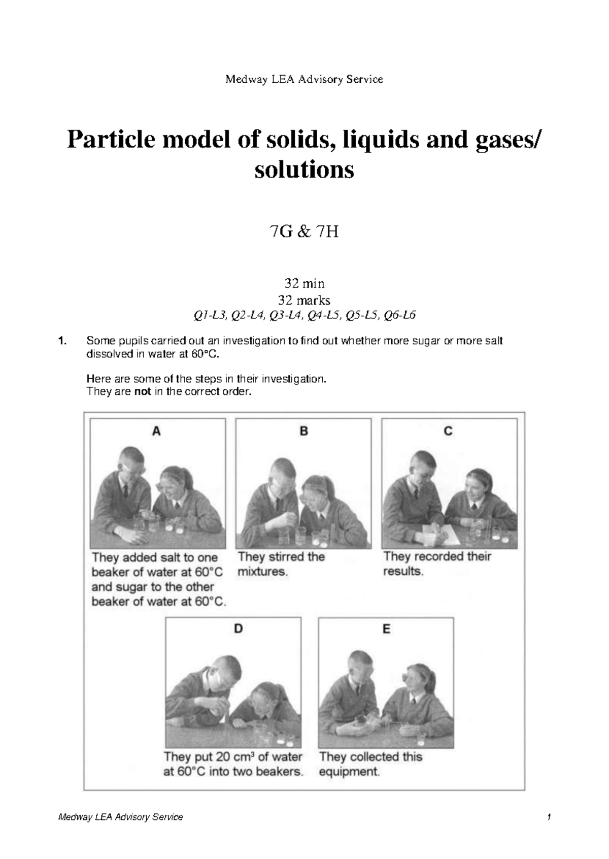 Year 7 particle model of solids liquids and gases - solutions - Medway ...