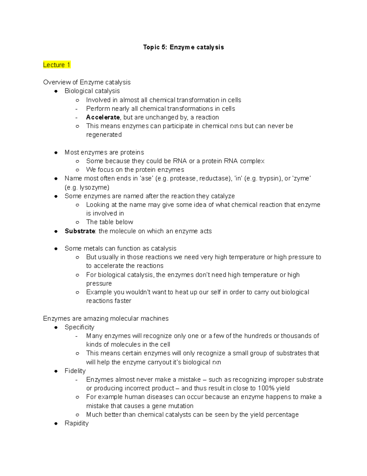 Topic 5 Enzyme catalysis Lecture 1 and 2 - Topic 5: Enzyme catalysis ...