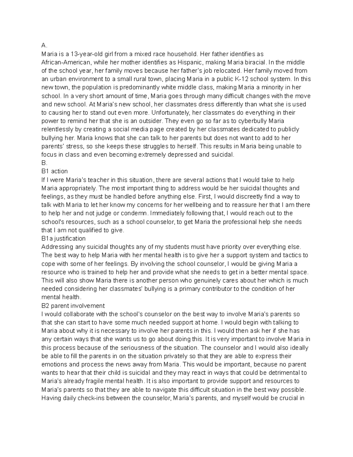 Task2 D090 - A. Maria is a 13-year-old girl from a mixed race household ...