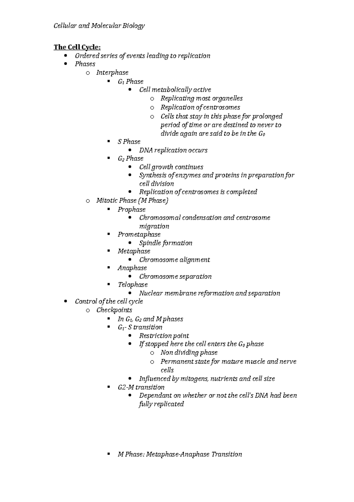 The Cell Cycle Lecture Notes - The Cell Cycle: Ordered series of events ...