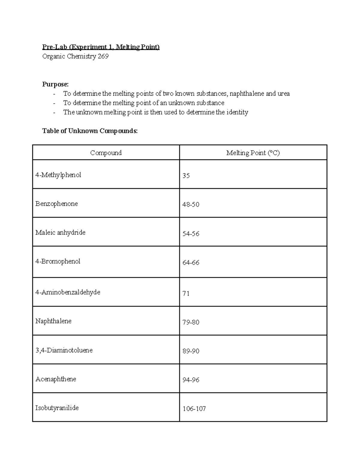 Prelab Melting Point - grade- a - Pre-Lab (Experiment 1, Melting Point ...