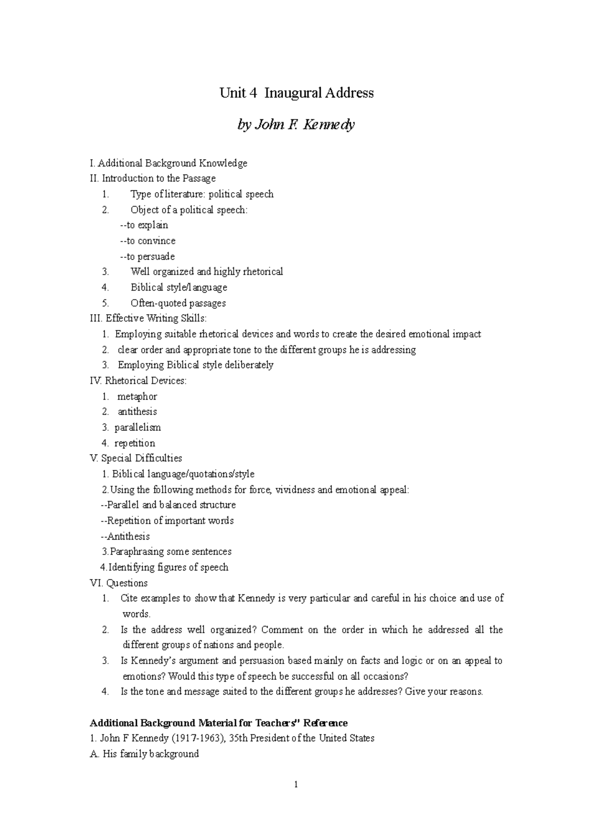 Unit 4 Inaugural Address - Unit 4 Inaugural Address by John F. Kennedy ...