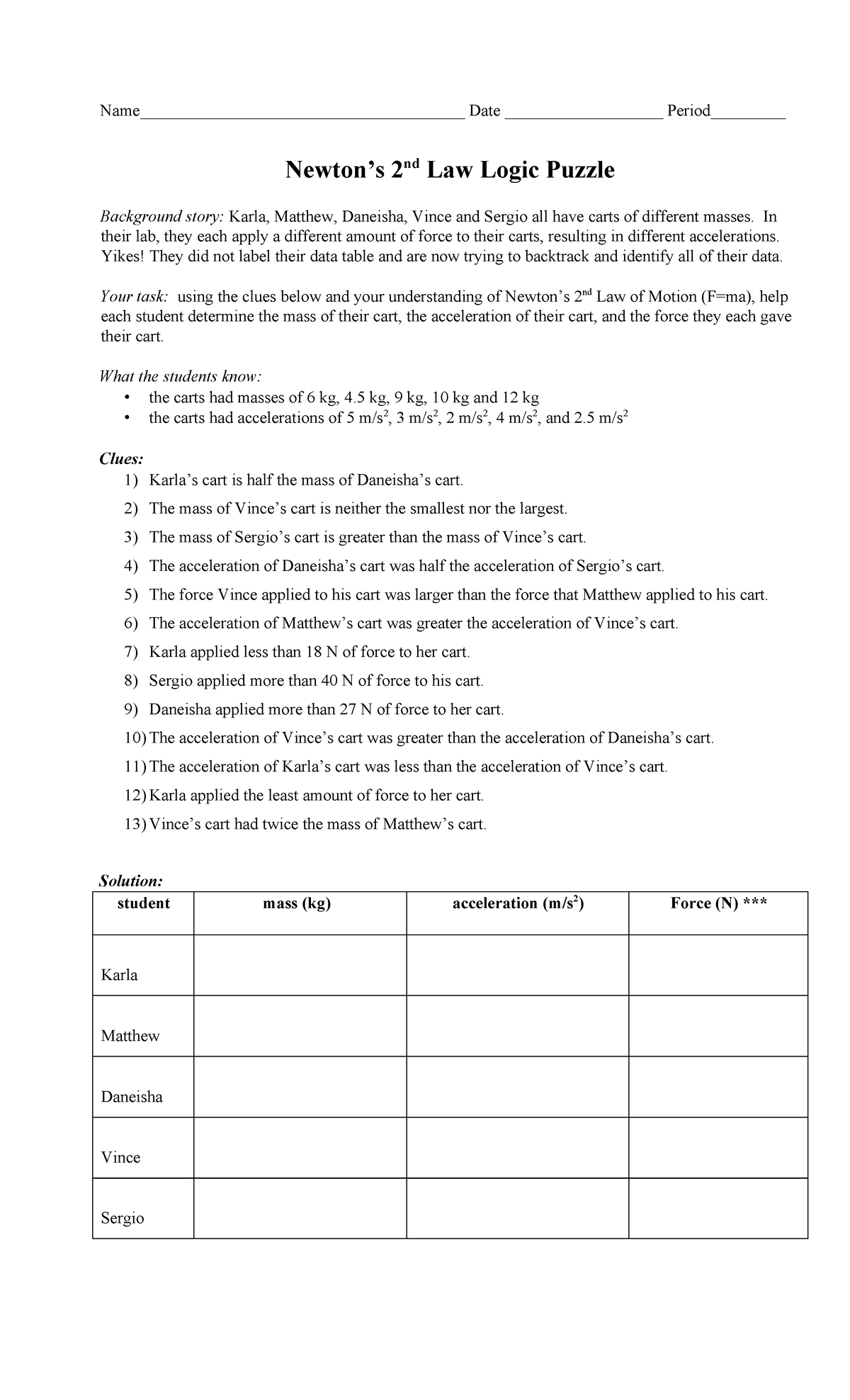 Worksheet - newton’s 2nd law logic puzzle modified - Name