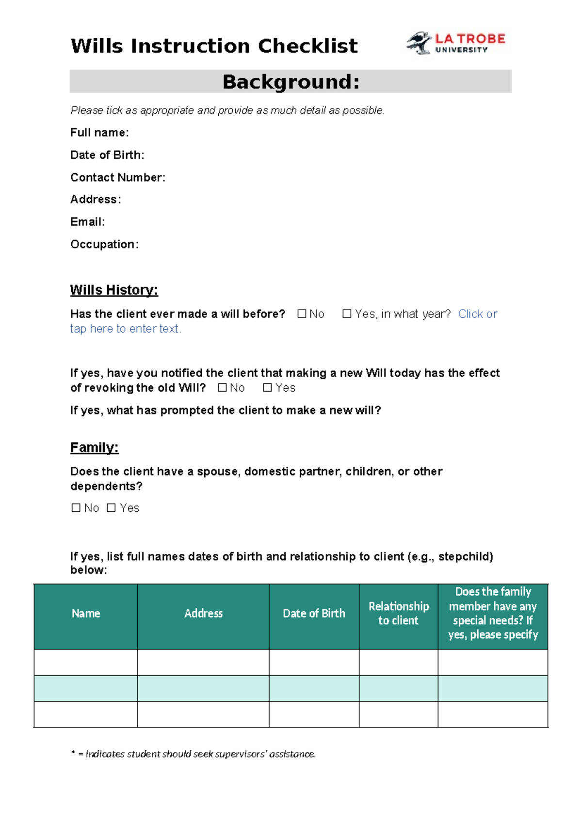 2. Wills Instruction Checklist - Background: Please tick as appropriate and provide as much ...