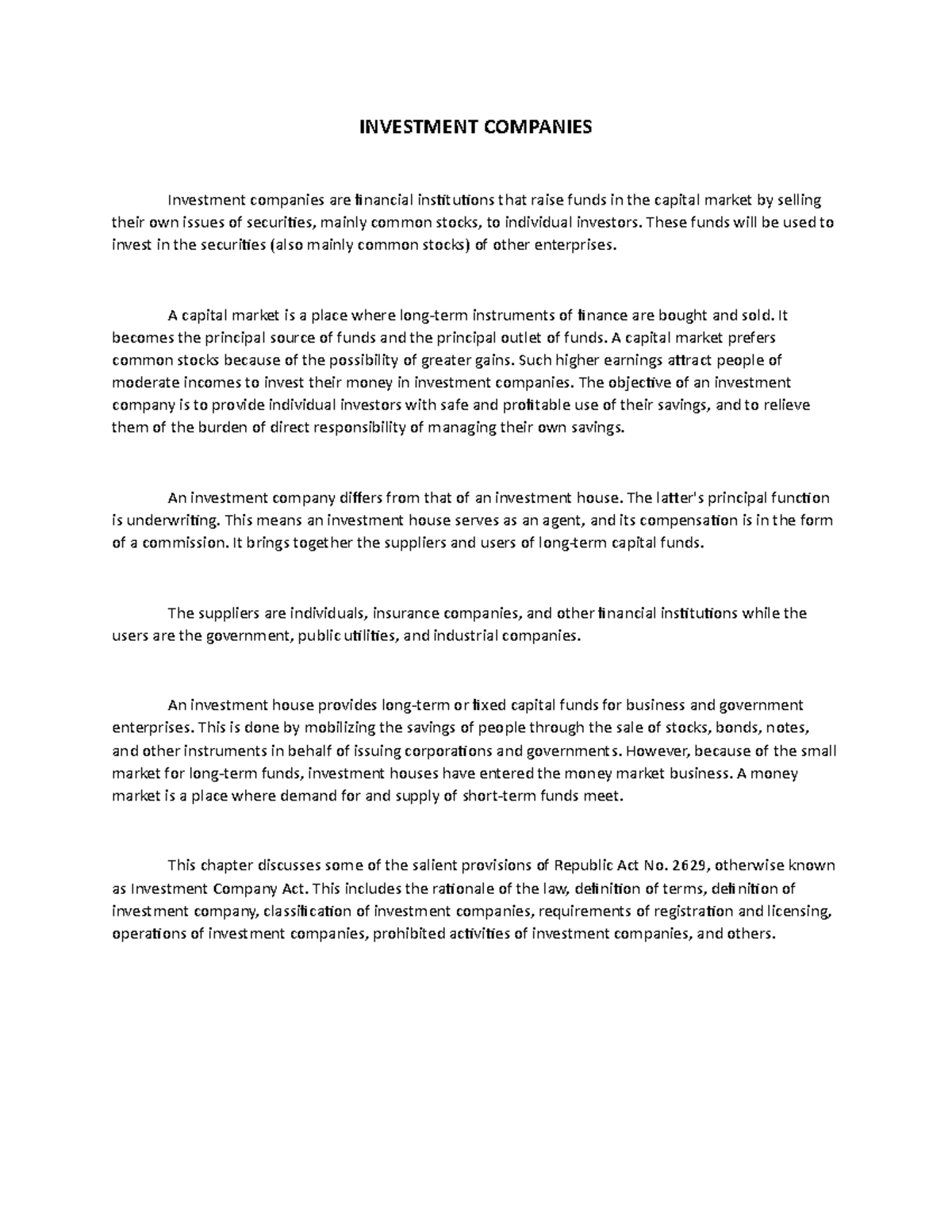 Investment Companies AND Definition OF Terms - INVESTMENT COMPANIES ...