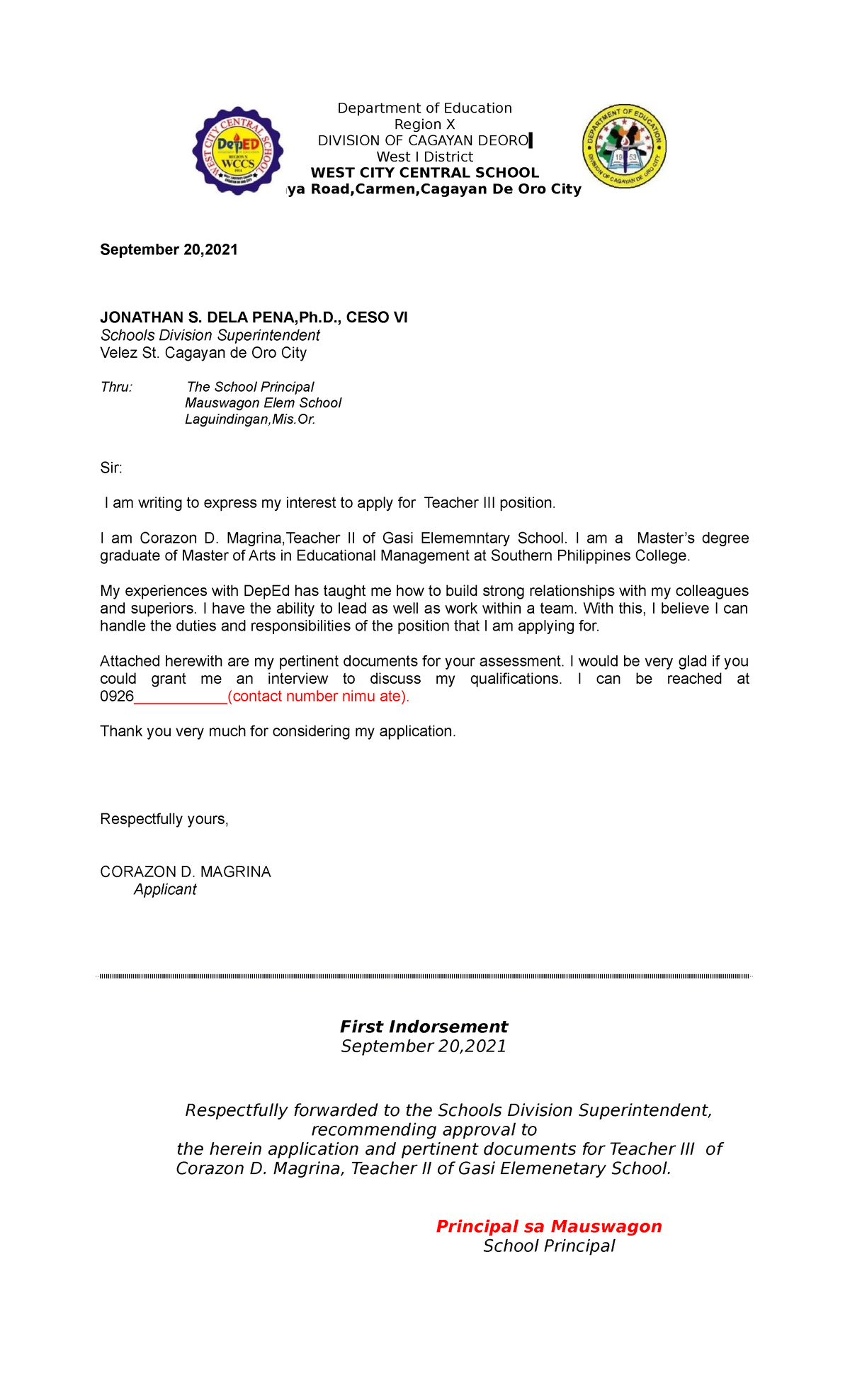 Application letter - for edit - Department of Education Region X ...