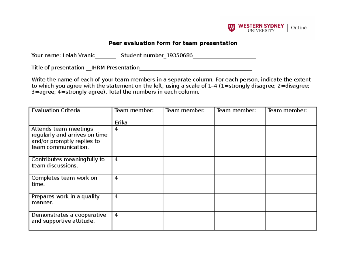 Peer evaluation form for team presentation - For each person, indicate ...