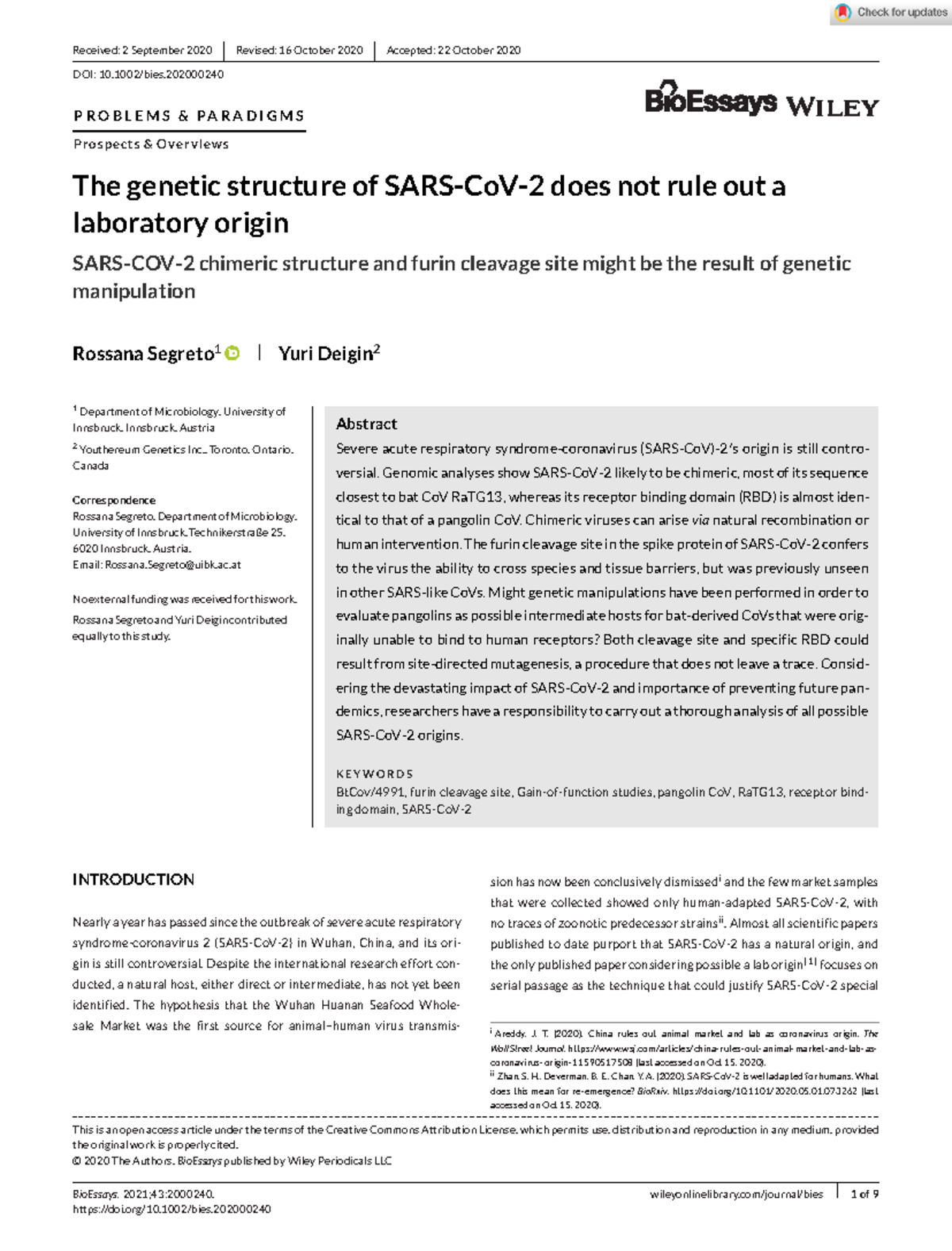 The genetic structure of SARS‐Co V‐2 does not rule out a laboratory ...