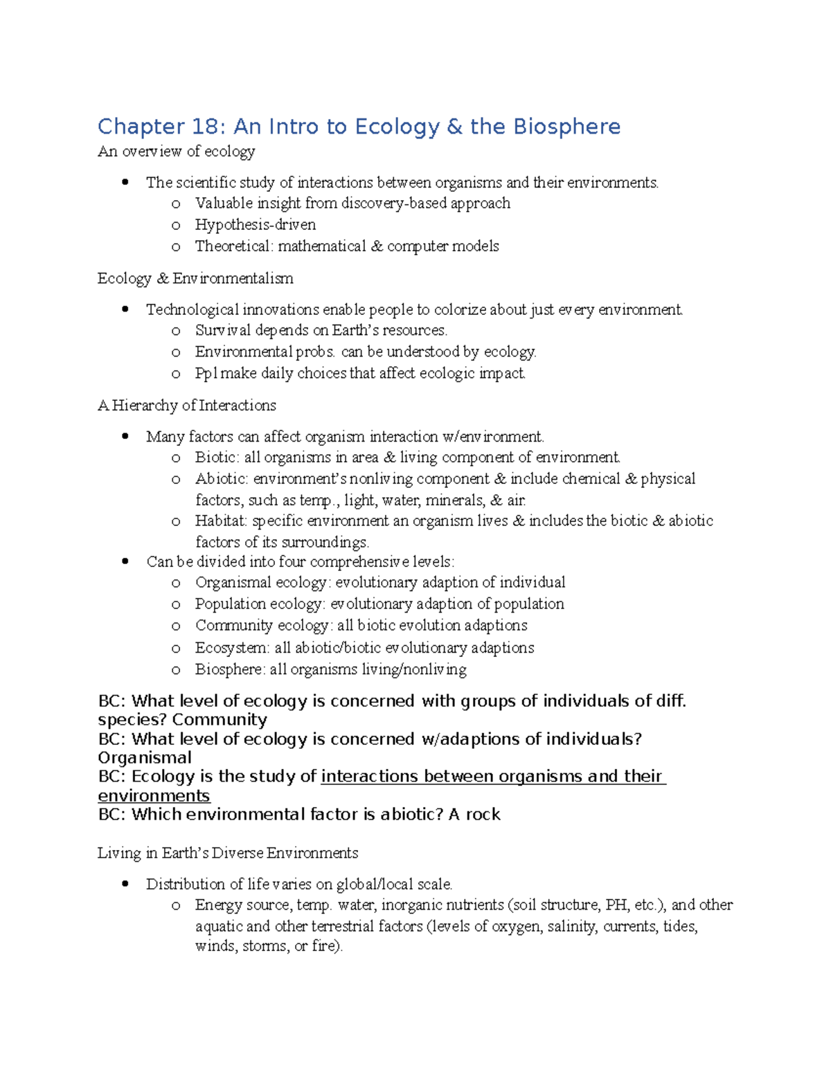 Chapter 18-20 notes - Chapter 18: An Intro to Ecology & the Biosphere ...