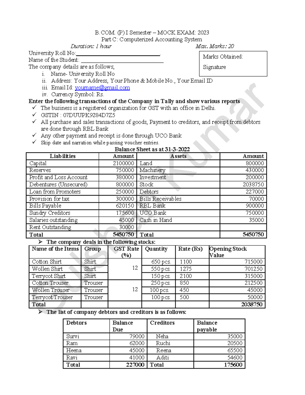 Tally GST Practice Que 2 - B. (P) I Semester – MOCK EXAM: 2023 Part C ...