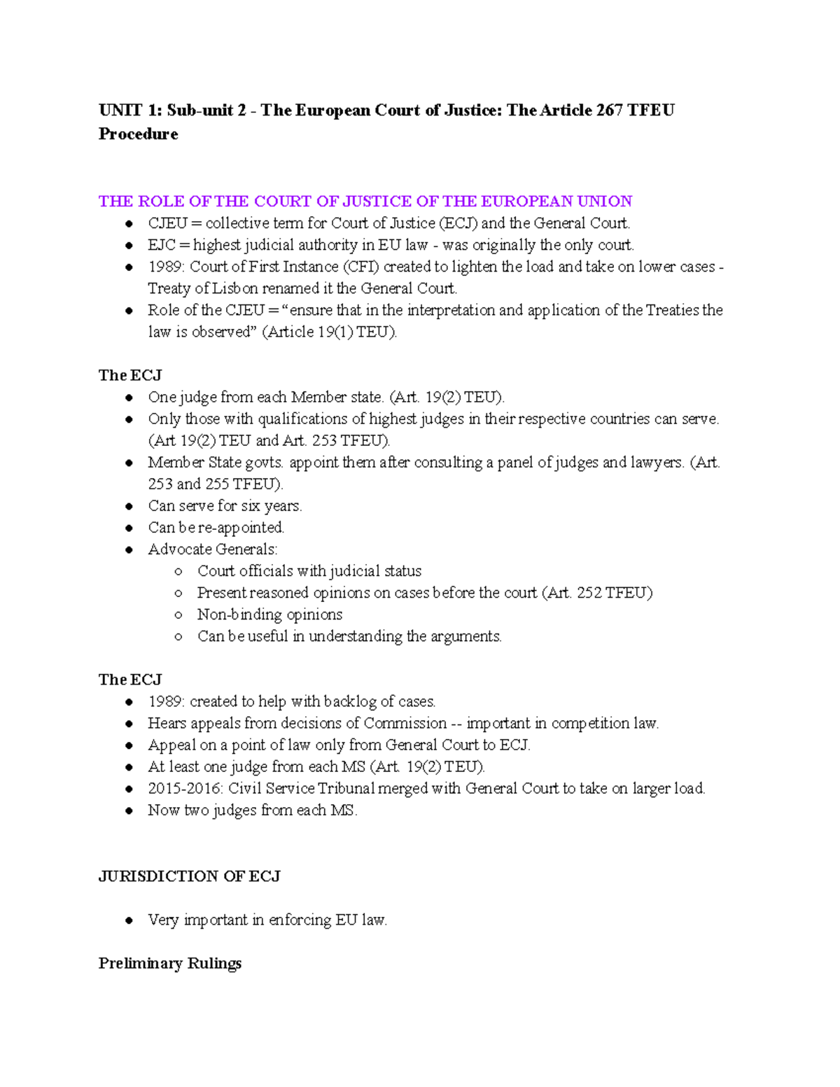 UNIT 1 Sub-unit 2 - The European Court of Justice The Article 267 TFEU ...