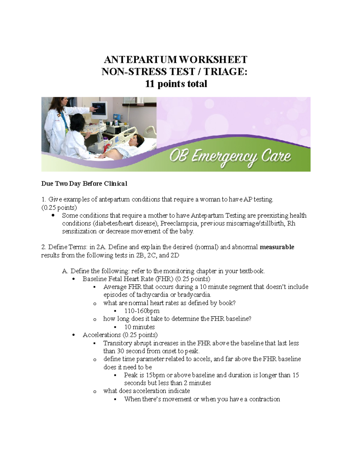 Antepartum Assignment - ANTEPARTUM WORKSHEET NON-STRESS TEST / TRIAGE ...