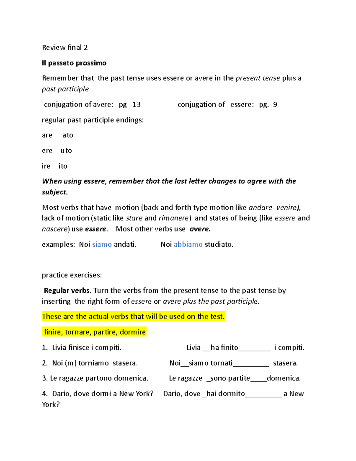 Review final 2 Spring 2022 - Review final 2 Il passato prossimo ...