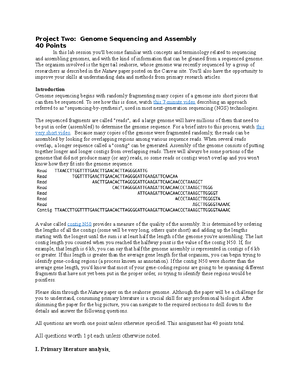 Genetics And Molecular Biology Lab 3 - Project Three : Genome Sequencing and Assembly 22 Points ...