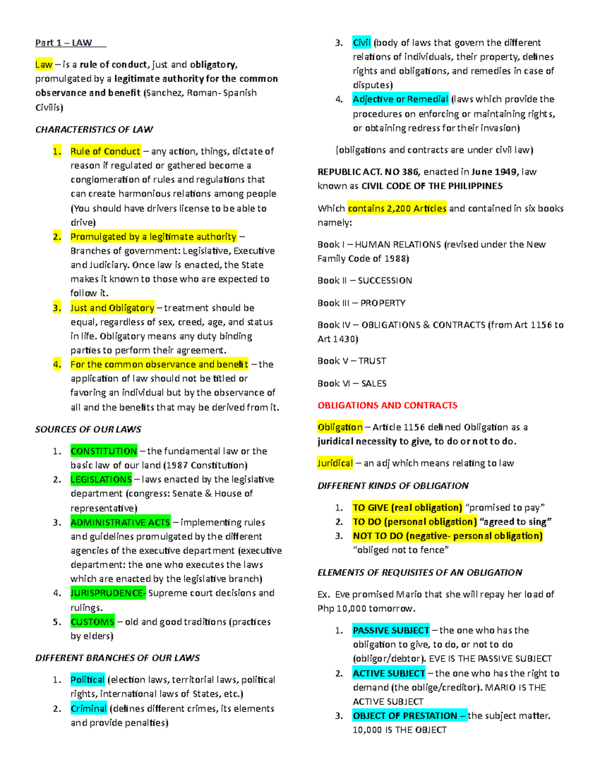PART 1 Notes - LAW - LAW - Part 1 – LAW Law – is a rule of conduct ...