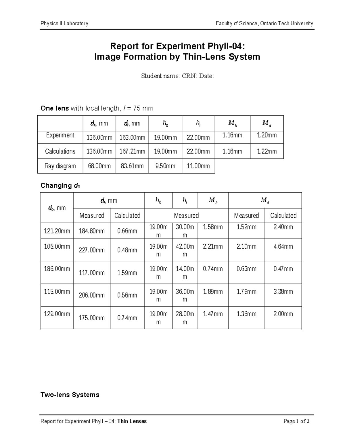 Lab Report #4 Lenses FS - Physics Lab 4 - Physics II Laboratory Faculty of Science, Ontario Tech ...