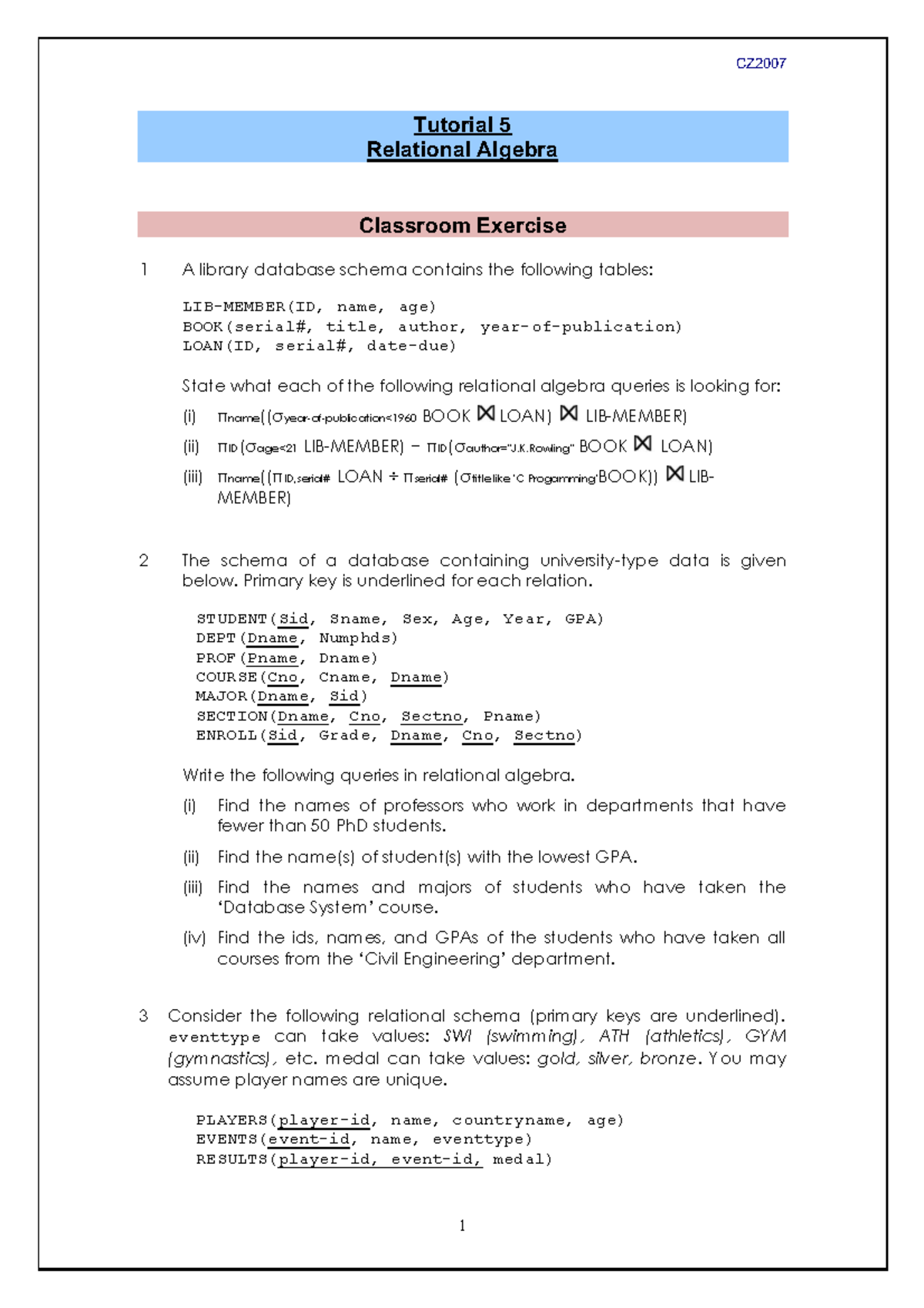 Tutorial-5 - asdas - CZ 1 Tutorial 5 Relational Algebra Classroom Exercise 1 A library database ...